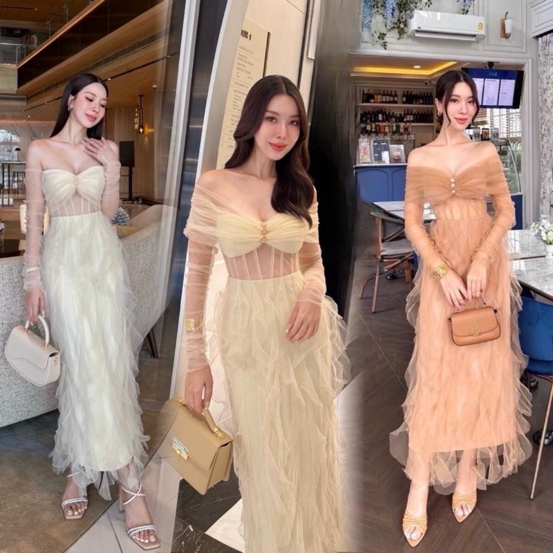 พร้อมส่ง STY101 104 •เดรสเปิดไหล่ เเขนยาวซีทรู กระโปรงเเต่งเป็นริ้วระบายยาวเข้าชุด ใส่เที่ยว ใส่ ...