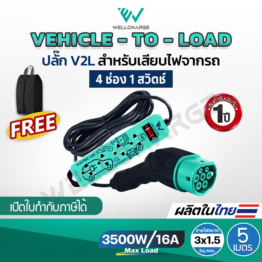 VEHICLE-TO-LOAD ปลั๊ก V2L สำหรับเสียบไฟจากรถ IEC53 3x1.5 Sq.mm. 3500W.16A ยาว 5 M. เต้ารับ 4 ...