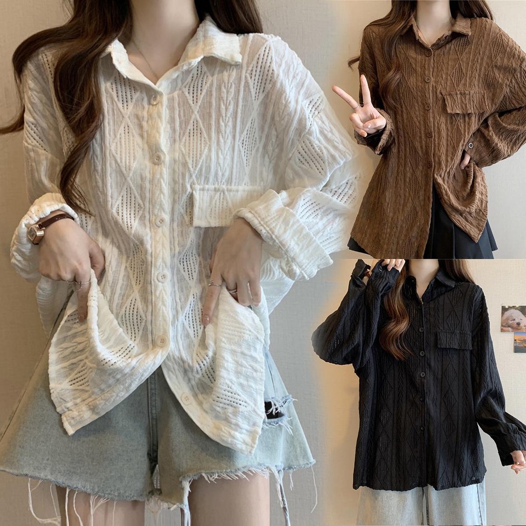 mimi&didi#เสื้อเชิ้ตแขนยาวสาวอวบสวยค่ะผ้าแจ็คการ์ดทรงหลวมกันแดดทรงกลวง เสื้อยาวปานกลางขาวเก๋ๆ ...