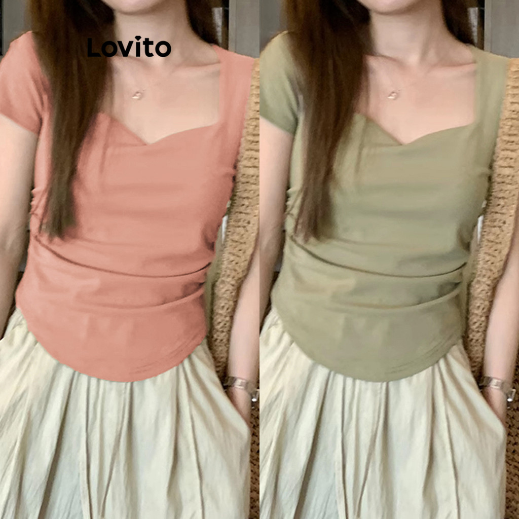 (KOL‘s pick) Lovito เสื้อยืดผู้หญิง ชายสามเหลี่ยม แต่งจีบ สีพื้น สไตล์ ...