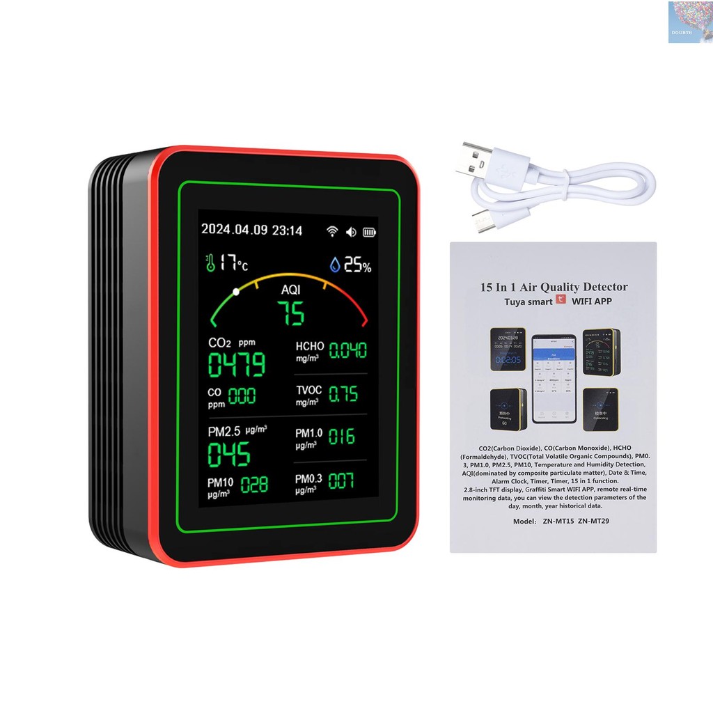 Doubth 15-in-1 Air Quality Monitor เครื่องทดสอบคุณภาพอากาศอัจฉริยะพร้อม CO/CO2/HCHO/TVOC/AQI/PM0 ...