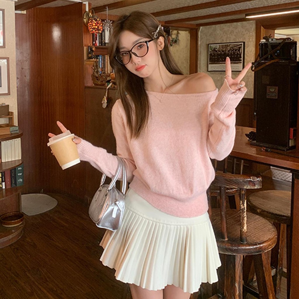 X604 เสื้อไหมพรมแขนยาว ดีเทลคาววาอี้ เปิดไหล่ใส่ได้สองด้านสีสดใส ...