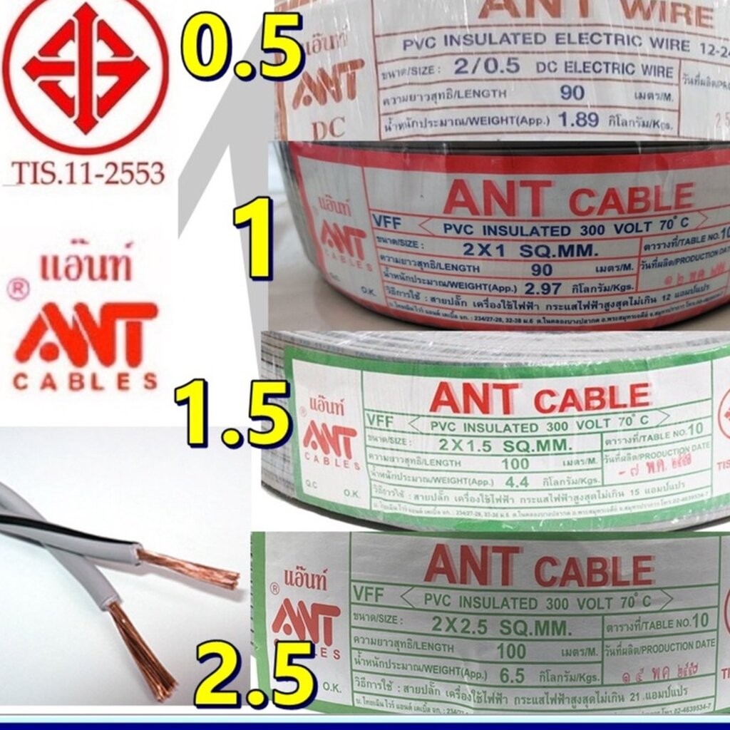 แบ่งตัด10เมตร สายไฟอ่อน VFF 2 x 0.5 1 1.5 2.5 SQ.MM. ยี่ห้อ ANT มี มอก. แบบแบ่งขาย ราคาถูก ...