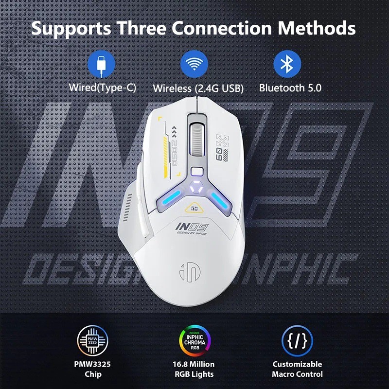 Inphic IN9 เมาส์สําหรับเล่นเกมไร้สาย RGB 2.4G Bluetooth 5.0 Tri-Modes เมาส์ตามหลักสรีรศาสตร์ปิด ...