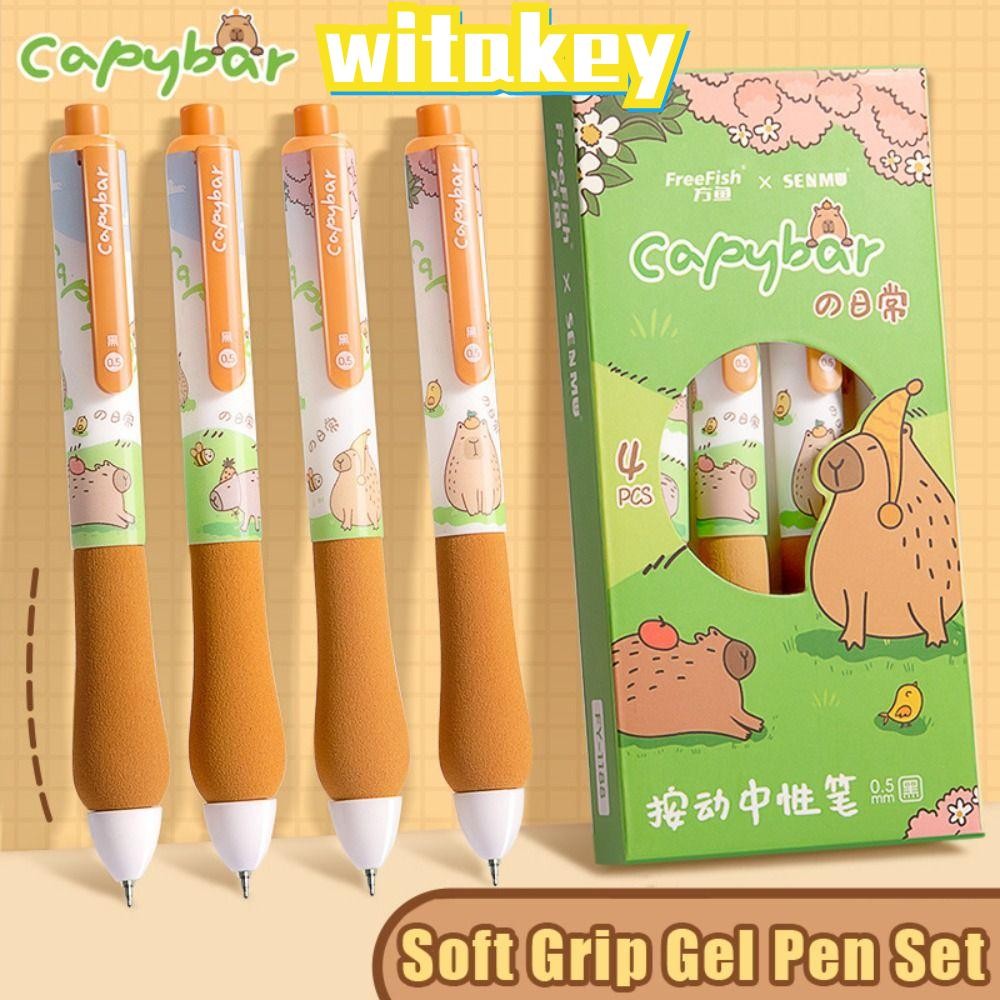WITAKEY ปากกาเป็นกลาง 4 ชิ้น, ปากกาเจลแห้งเร็วหมึกสีดํา 0.5 มม., อุปกรณ์เขียน Capybara แบบนุ่ม ...
