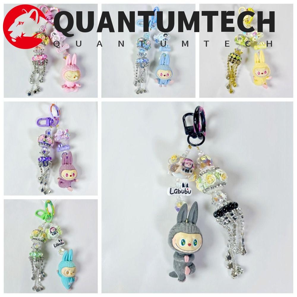 QUANTUMTECH Flocking Labubu พวงกุญแจ, พู่ Pop Mart นั่งลง Labubu จี้, น่ารักลูกปัดดอกไม้ ...