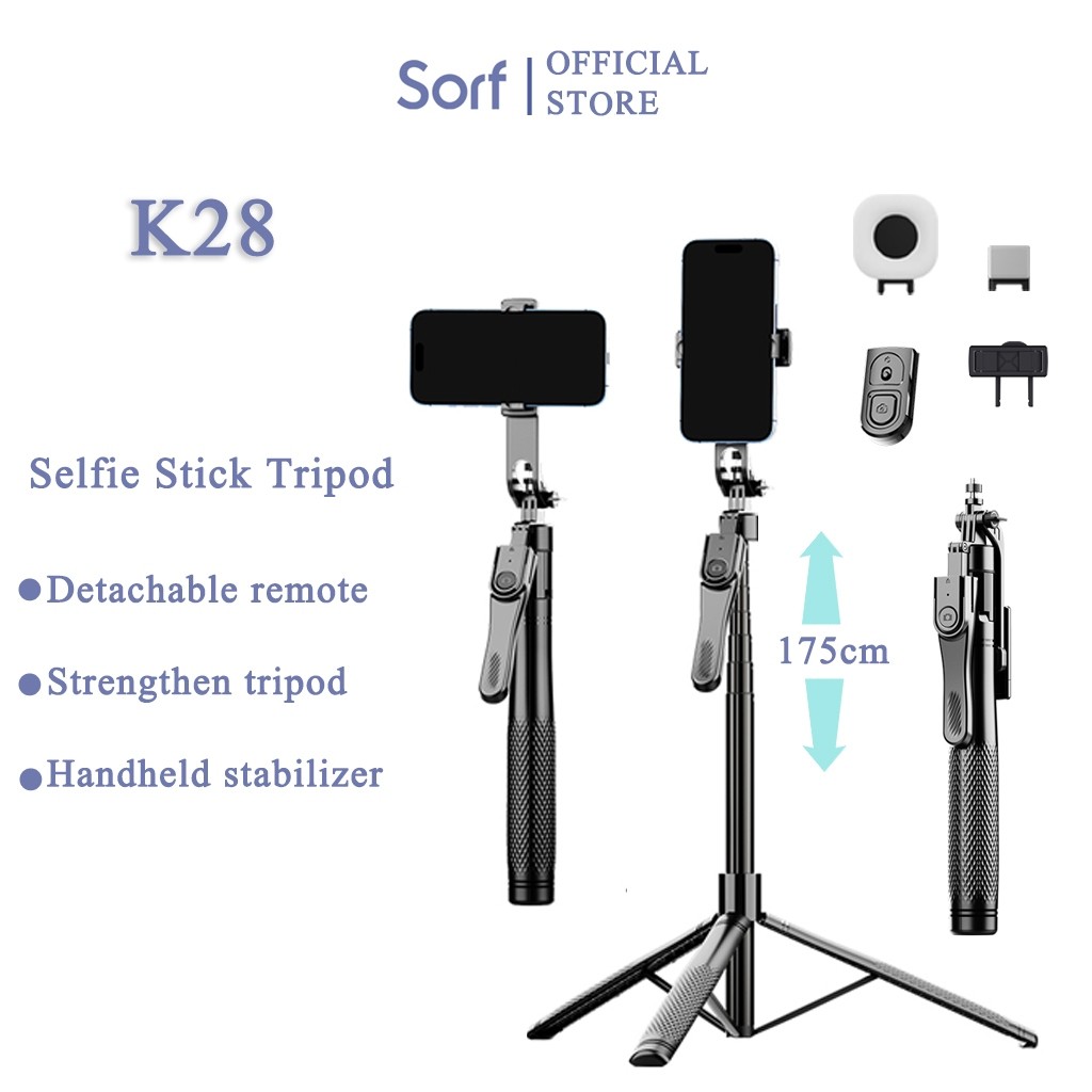 Sorf ใหม่ K28 Selfie Stick Tripod ขาตั้งกล้อง ไม้เซลฟี่ ไร้สาย 1.75m พับได้ มาพร้อมรีโมทบลูทูธ ...
