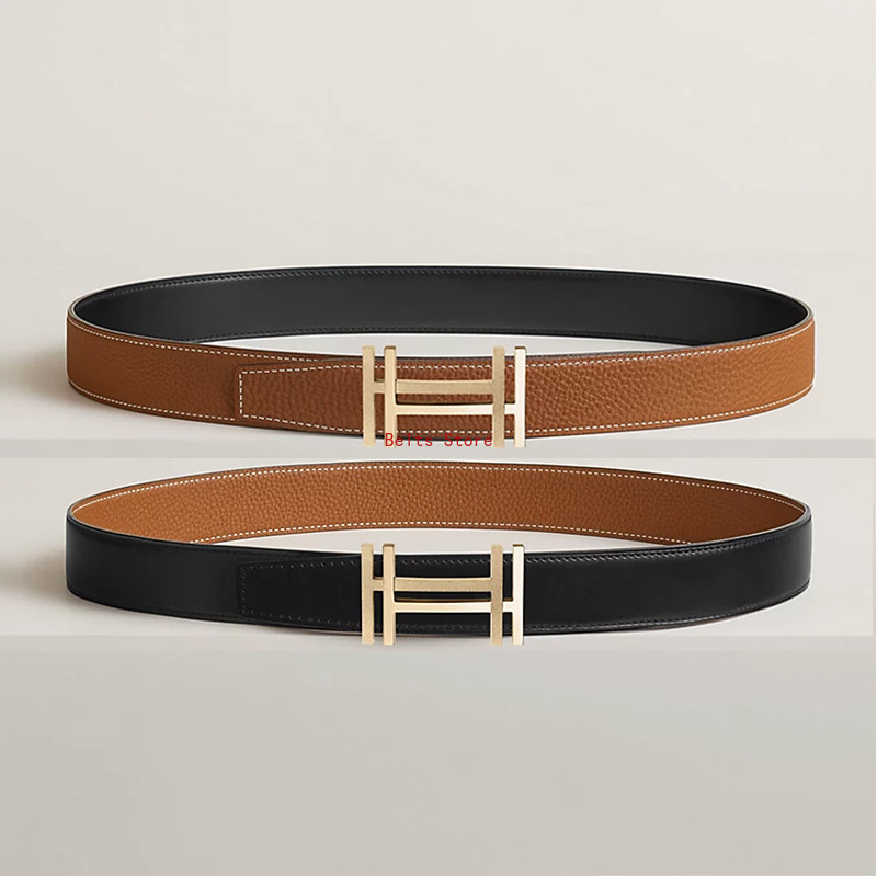 คุณภาพเกรดสูงสุด Gold H Au Carre Belt Buckle & Yellow Reversible Leather Strap 32 mm | Shopee ...