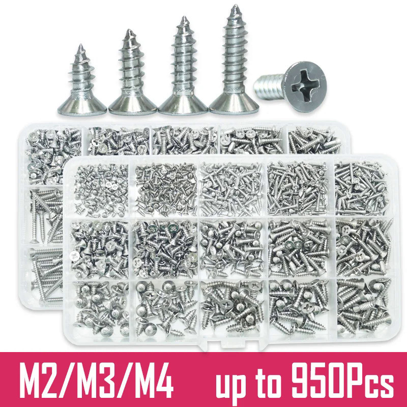 304 Stainless Steel Self Tapping Wood Screws Set M2 M3 M4 Small Cross Phillips Flat Countersunk ...