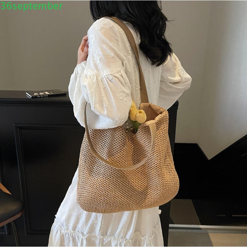 SPEPEMBER สานฟาง Tote Bag, Bohemian สไตล์ Square Beach Bag, Casual ...