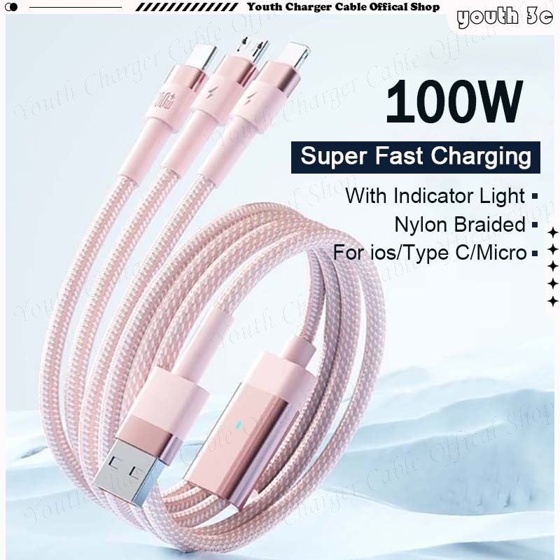 3-in-1 มัลติฟังก์ชั่น USB to ios/Type C/Micro สายชาร์จโทรศัพท์ 100W ...