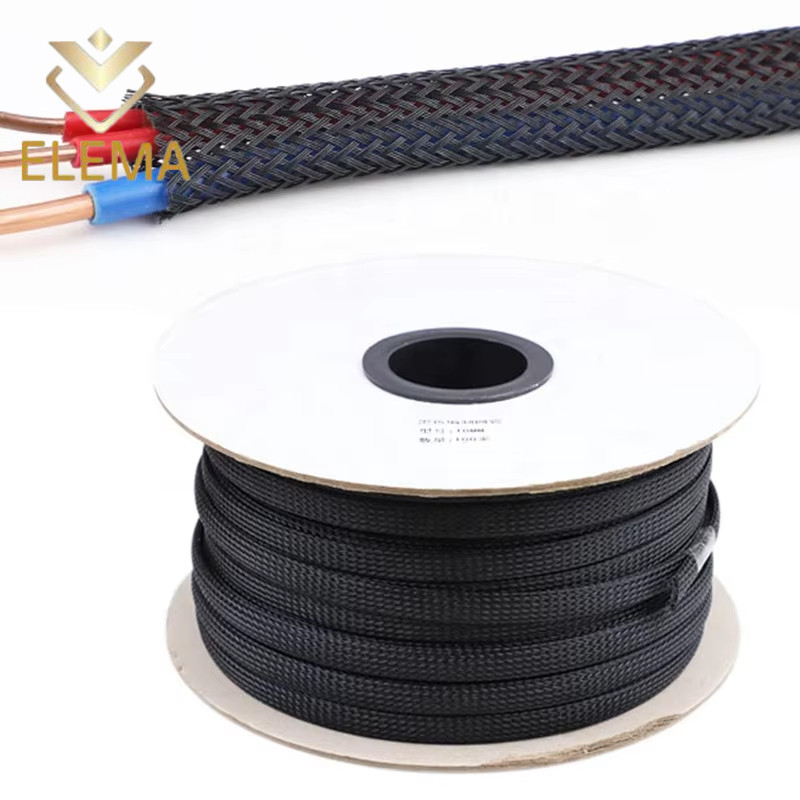 สีดําฉนวน Braid Sleeving PET สีดําแขนสายเคเบิลฉนวน Braided Sleeving ข้อมูลสายป้องกันสายไฟ Flame ...