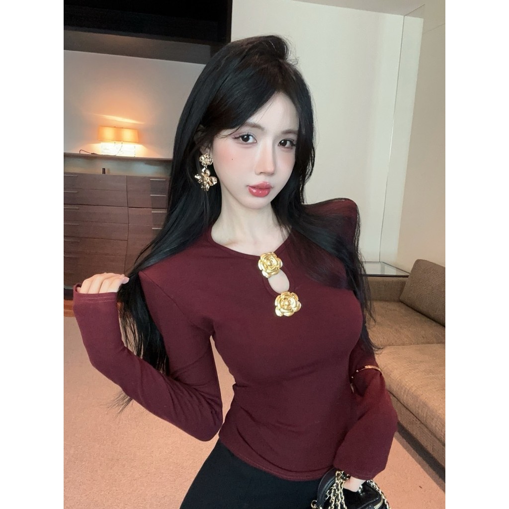 Xiaoxiang สไตล์ Camellia ปุ่ม Hollow แขนยาวฤดูใบไม้ร่วงฤดูหนาวสไตล์ใหม่ Simple High-End Slim-Fit ...