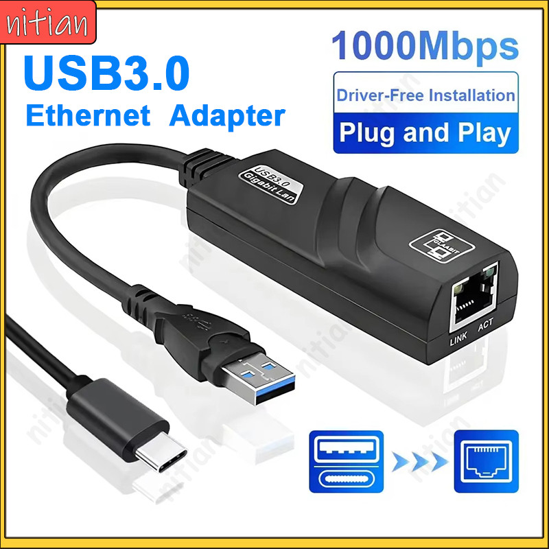 USB3.0 Gigabit Ethernet 10/100/1000Mbps RJ45 Network Lan Adapter Type-C ...