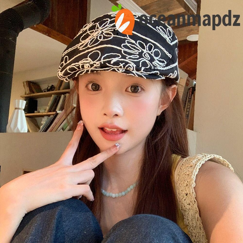Oceanmapdz Vintage จิตรกรหมวก, Y2k ดอกไม้เผ็ดสาว Berets, เย็บปักถักร้อยอินเทรนด์ Sun-protective ...