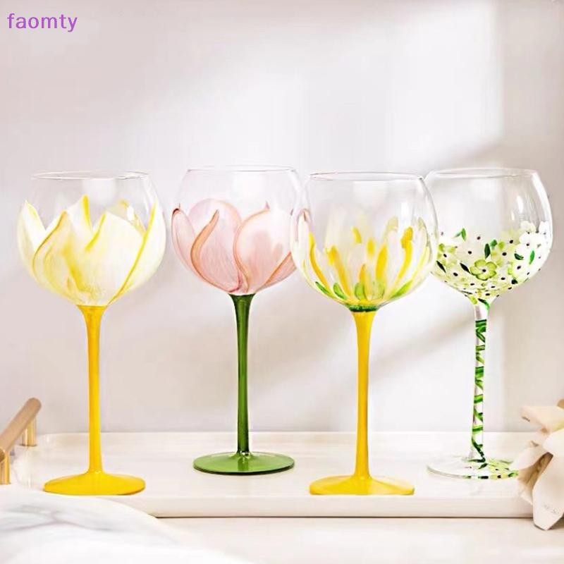 เฟมตี้ 1ชิ้นมือวาดแก้ว ก oblet ถ้วยสร้างสรรค์แก้วไวน์แดงถ้วยดอกไม้ทาสี ...