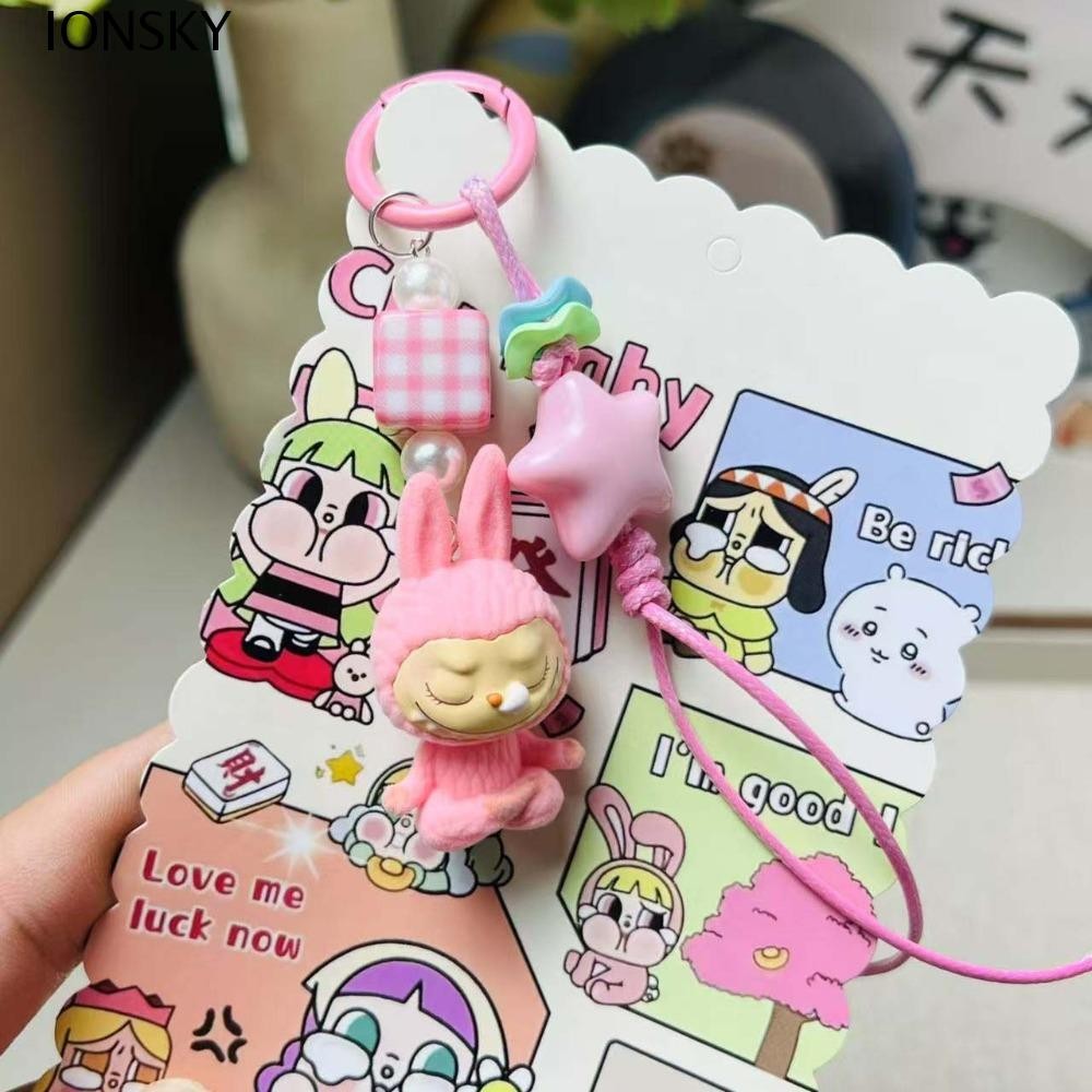 IONSKY Lazy Yoga Labubu Doll, Silica Gel Star Flocking Labubu Key Ring ...