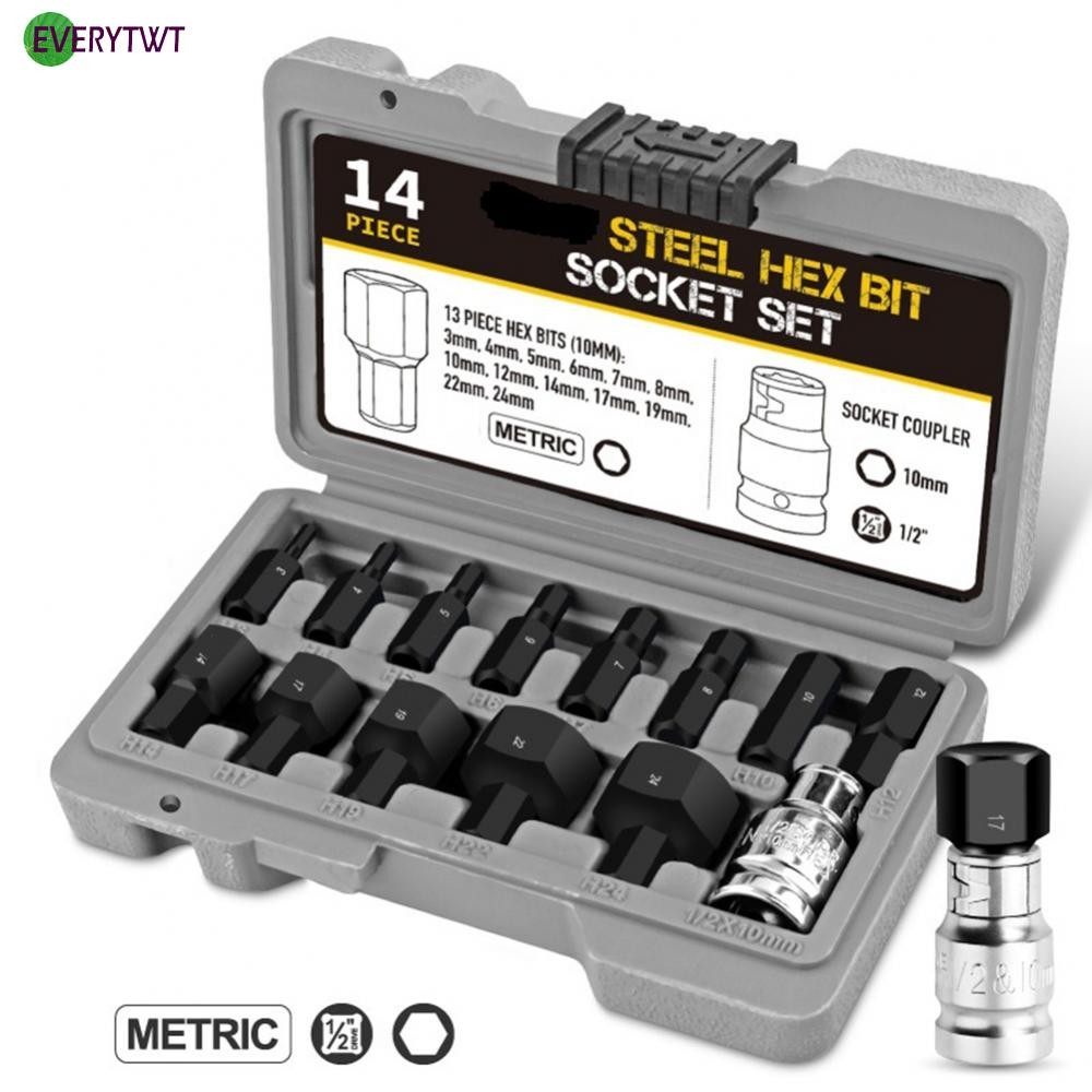 【EVER】14pcs Hex Bit Socket Set for 1/2 Inch Drive with Adapter for ...