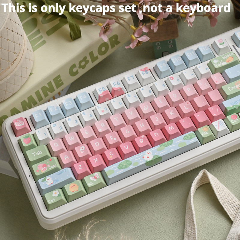 PBT keycap Cherry Spring Outing Duckling สีชมพูสีเขียวรูปแบบบุคลิกภาพ ...