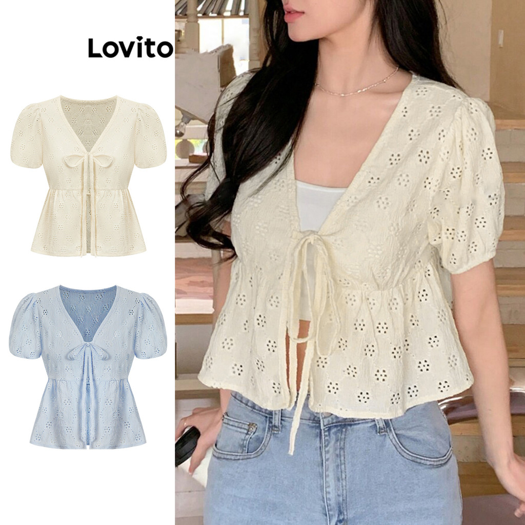 (KOL‘s pick) Lovito เสื้อเบลาส์ผู้หญิง แบบผูกโบว์ ชายระบาย สีพื้น สไตล์ ...
