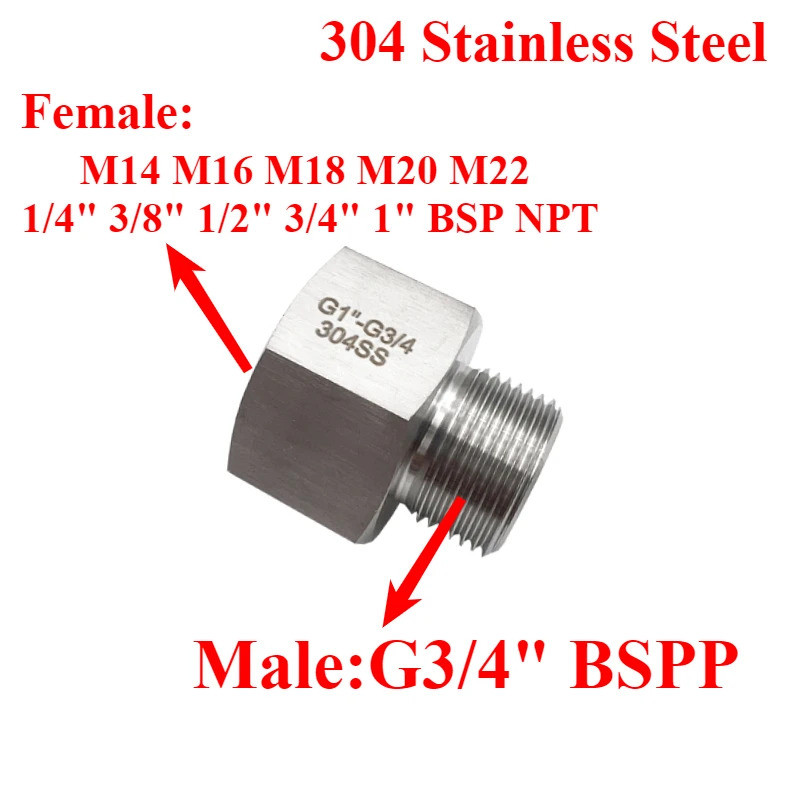 ตัวลดขนาด G3/4" BSP ชายเป็นหญิง – สแตนเลส 304, แรงดันสูง, เหมาะกับ M14–M22, 1/4"–1" BSP/NPT ...