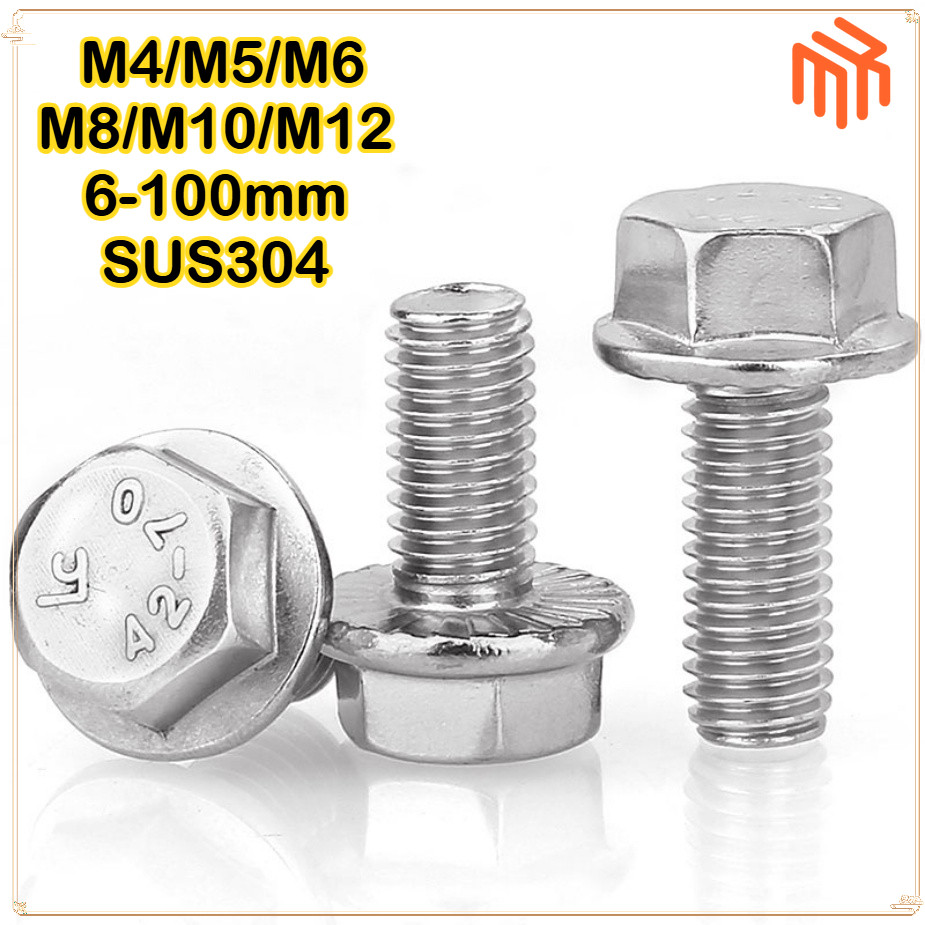 [MX1] น็อต สกรู หัว 6 เหลี่ยมติดแหวน ใต้คอฟัน โบลท์ สแตนเลส 304 เกลียวมิล ตลอด หยาบ M4 M5 M6 M8 ...