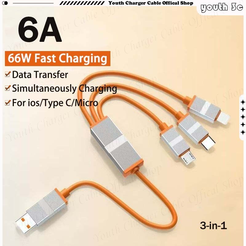 0.3M สั้น 3-in-1 USB to ios/Type C/Micro สายชาร์จโทรศัพท์ 6A/66W Fast Charging Data Cable Multi ...