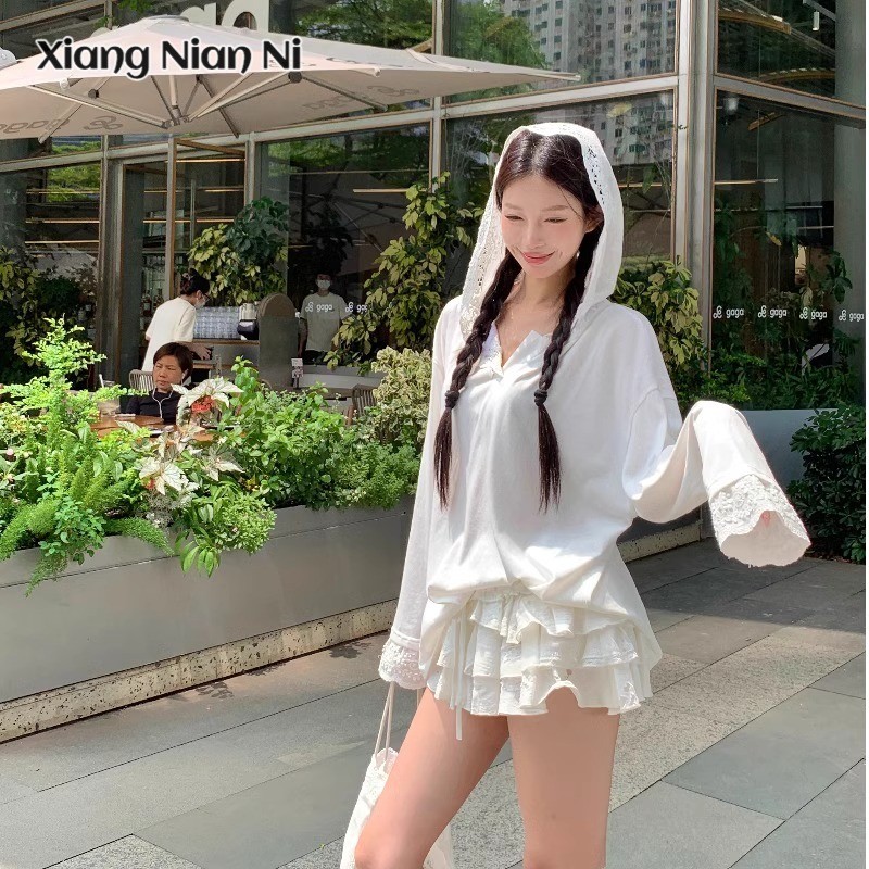 Xiang Nian Ni เสื้อเชิ้ตแขนยาวผู้หญิงลูกไม้สีขาวเย็บคลุมด้วยผ้าแฟชั่นเสื้อยืดแขนยาวหลวม | Shopee ...