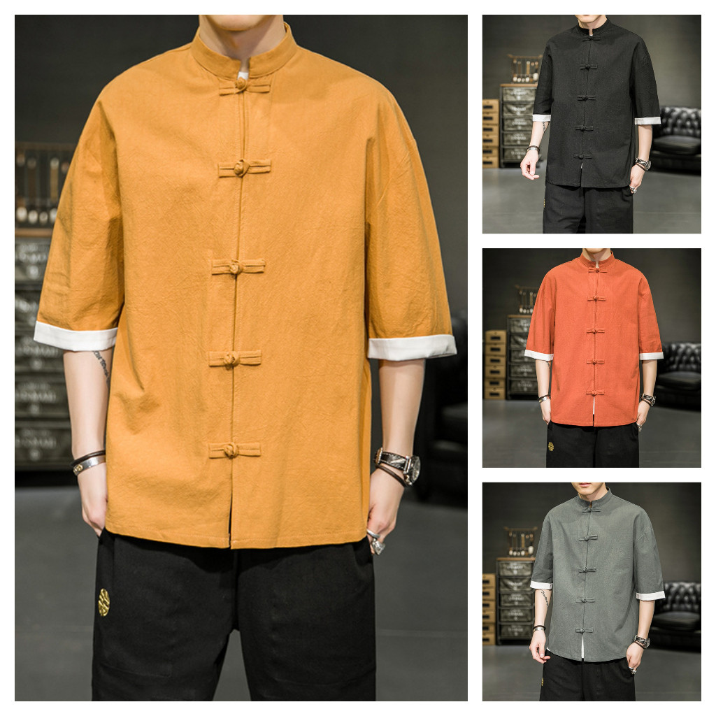สต๊อกพร้อมMen Man CNY เสื้อ Tang ชุด Samfu T เสื้อ retro จีนแขนสั้น ...