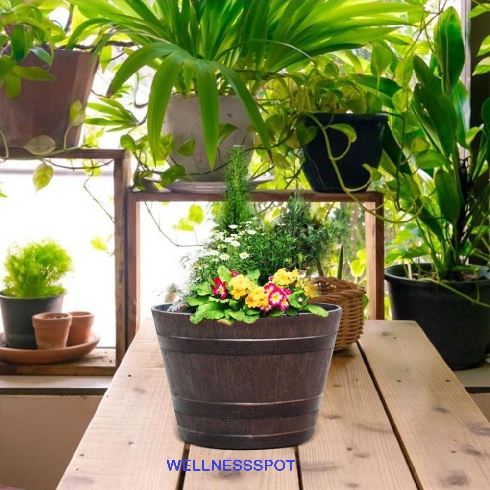 Wellnessspot กระถางดอกไม้ทรงกลม, ตกแต่งไม่มีการเปลี่ยนรูปจําลองถังไม้, งานฝีมือหนา Breathable ...