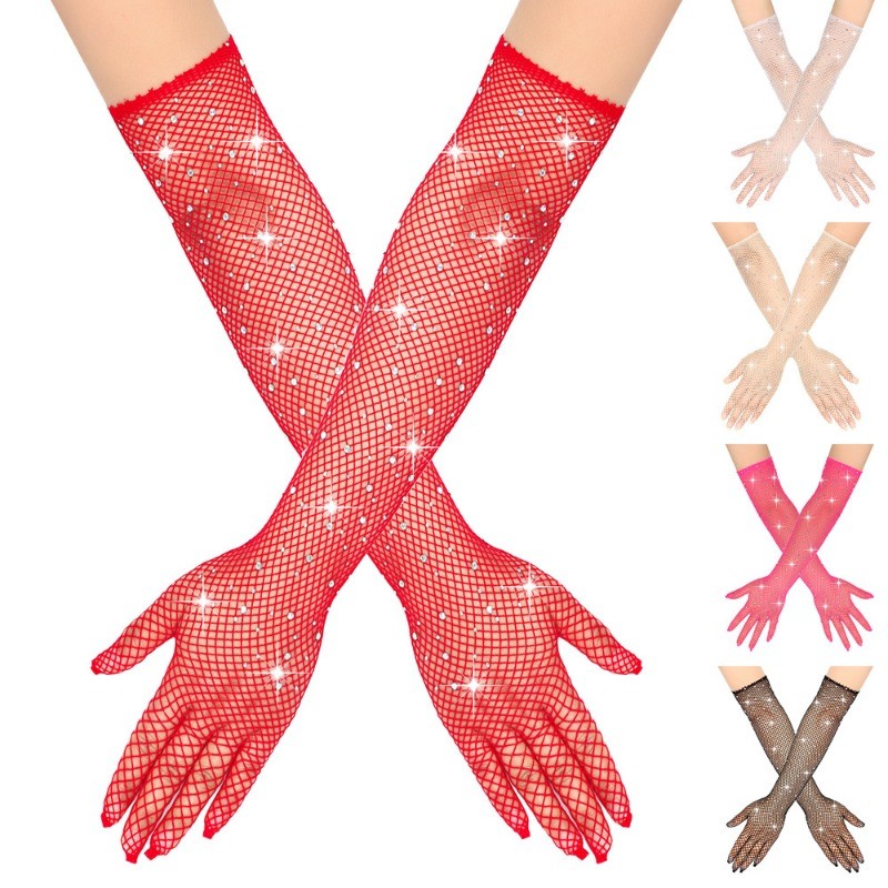 แฟชั่นเซ็กซี่ Hollow Glitter Rhinestone Fishnet ถุงมือยาว Party Elegant ...