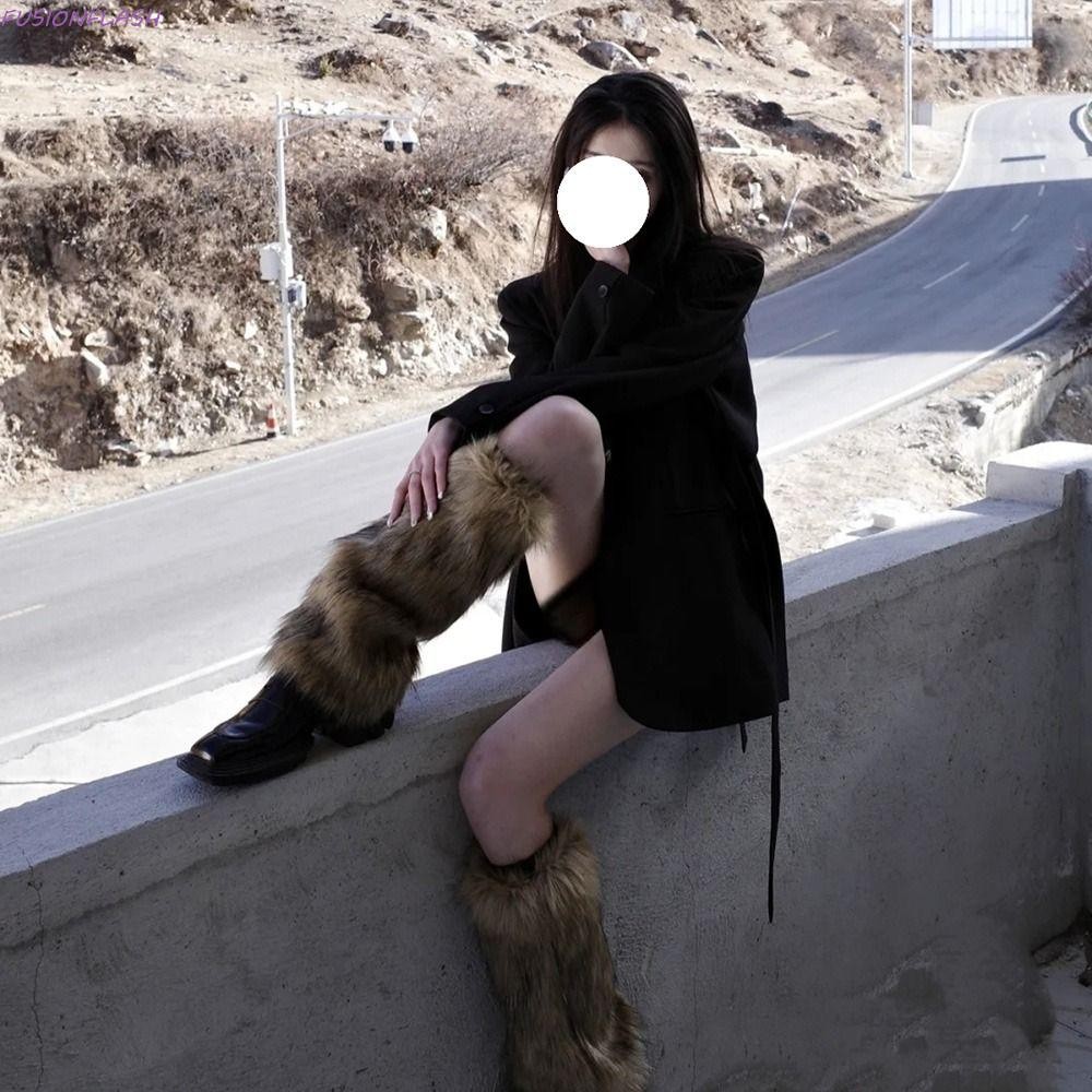 Fusionflash Furry ขาอุ่น, Faux Fur หนา Lolita รองเท้า,แฟชั่น Y2K JK โบว์เข่าสูงสาวถุงเท้าฤดู ...