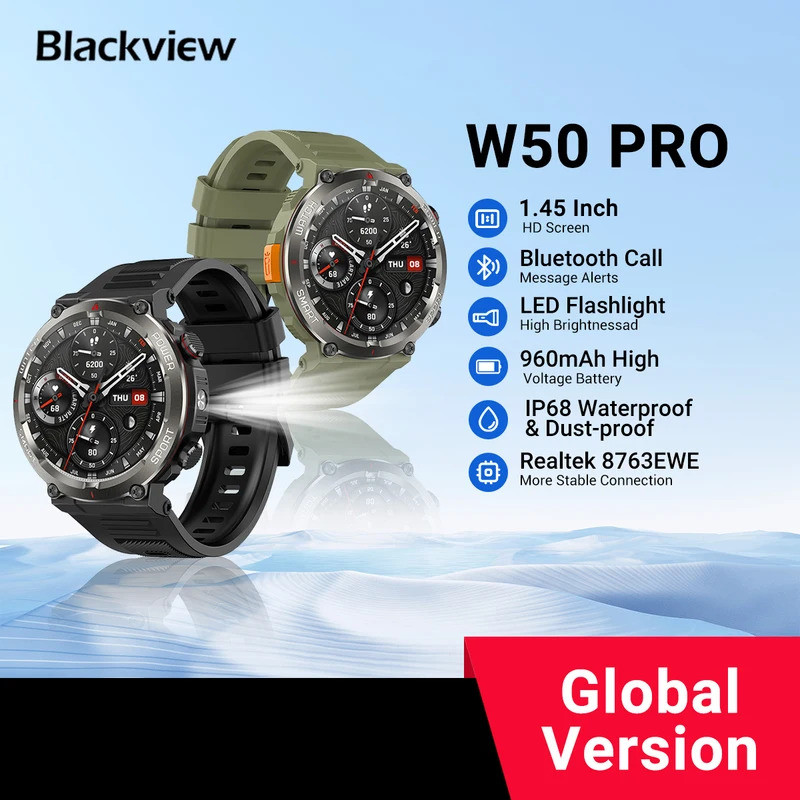 นาฬิกาสมาร์ทวอทช์ Blackview W50 Pro จอแสดงผล HD 1.45" ไฟฉาย โทรผ่าน ...