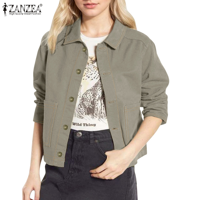 Zanzea ผู้หญิงวินเทจลําลอง Turn-Down-Collar ปุ่ม Cuffs แขนยาวหลวมแจ็คเ ...