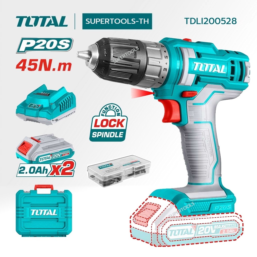 TOTAL สว่านแบตตอรี่ 20V ปรับความเร็วได้ 2ระดับ รับประกันศูนย์ รุ่น TDLI200528 สว่านไร้สาย ...