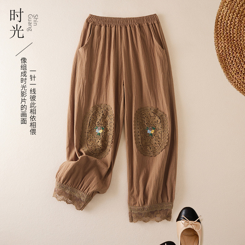 Pushi Retro Art หลวมลูกไม้เย็บ Hollow ดอกไม้ Patch เอวธรรมชาติผ้าลินิน ...
