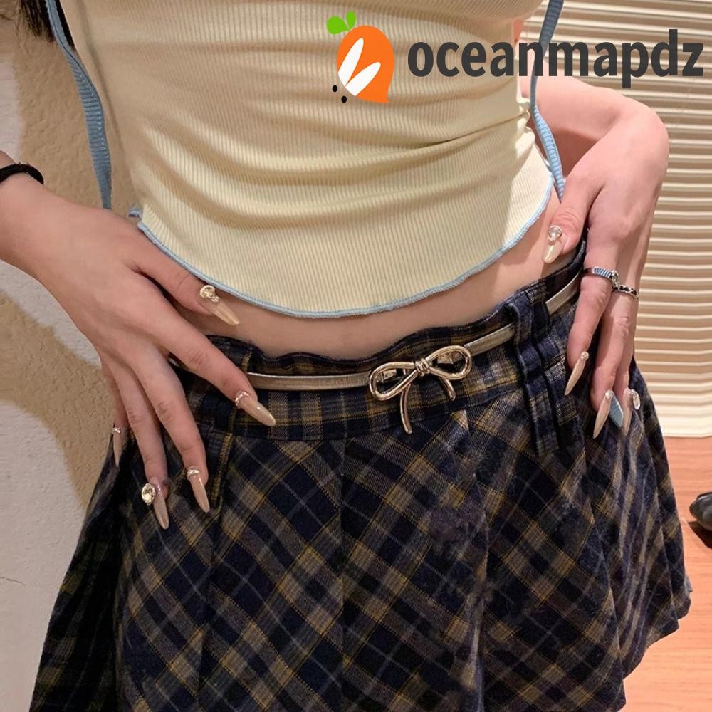 Oceanmapdz เข็มขัดยืด,สไตล์เกาหลีหัวเข็มขัดโลหะโบว์เข็มขัดยางยืด,กางเกง Y2k เรียบง่ายตกแต่ง ...