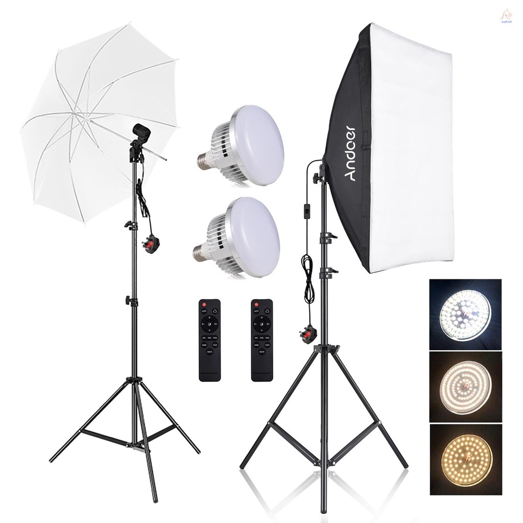 Andoer ชุดไฟถ่ายภาพสตูดิโอ Softbox ชุดไฟพร้อมหลอดไฟสองสี 85W *2 + ซอฟท์บ็อกซ์ 50x70 ซม. * 1 + 33 ...