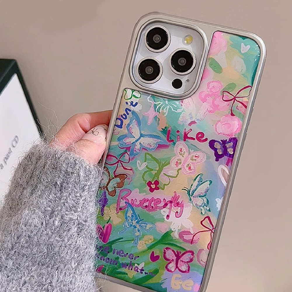 Ins ผีเสื้อสวน Graffiti ชุบเงินกันชนเคสโทรศัพท์สําหรับ IPhone 16 14 15 ...
