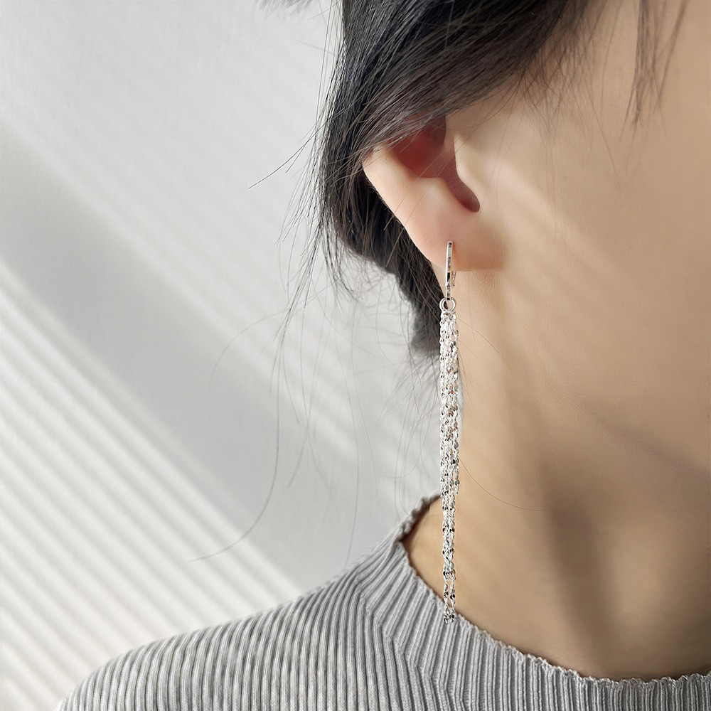 925 Silver Plated สแตนเลสพู่ต่างหูผู้หญิง Shing Chain ยาว Fringe ต่างหู ...