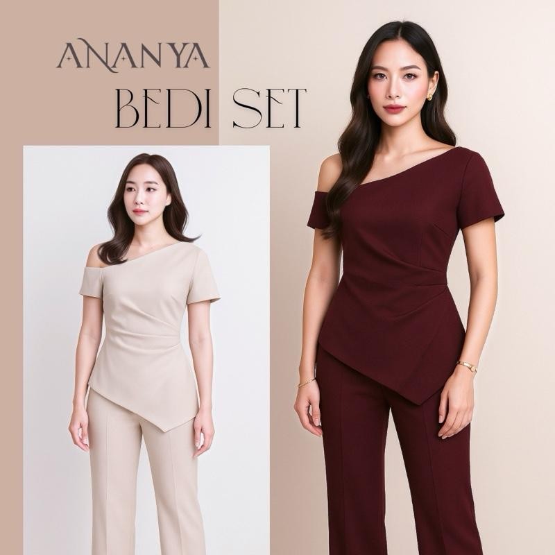 BEDI SET ชุดเซตเบี่ยงไหล่ขายาวเรียบหรู AN288 | Shopee Thailand