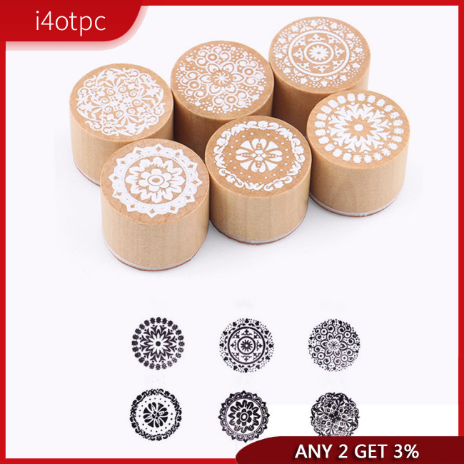 I4otpc 6 ชิ้น Diy ไม้รอบรูปร่างแสตมป์ 6 ที่แตกต่างกัน Retro สไตล์ดอกไม้รูปแบบ Series Seal ...