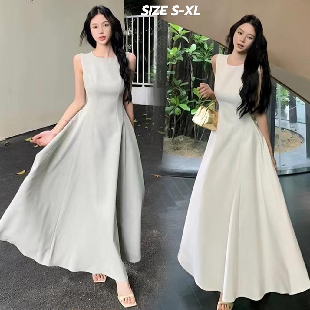 mimi&didi#เดรสเสื้อกั๊ก ทรงเอ ฤดูร้อน คุณภาพสูง เรียบหรู แขนกุด คอกลม เอวสลิมฟิต สไตล์#99012 ...