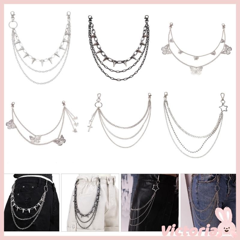Vic Hiphop Punk เข็มขัดโซ่โลหะ Silver Studs เข็มขัดโซ่ความยาวปรับได้ ...