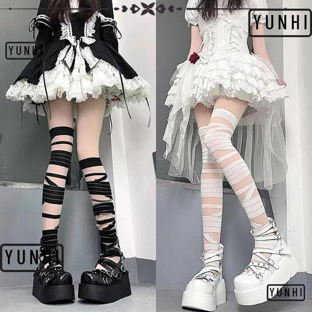 ถุงเท้าเข่า YUNHI ถุงน่องยาวบางเฉียบ JK Y2k Japanese Lolita Stripe Long Tube Hosiery All Seasons ...
