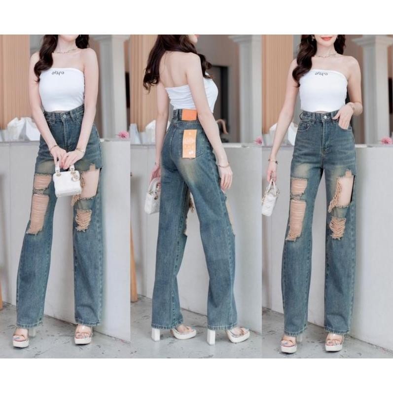 Ming-Ge กางเกงยีนส์ขากระบอกแต่งขาดเซอร์ๆ Women Jean Lady Clothing ...