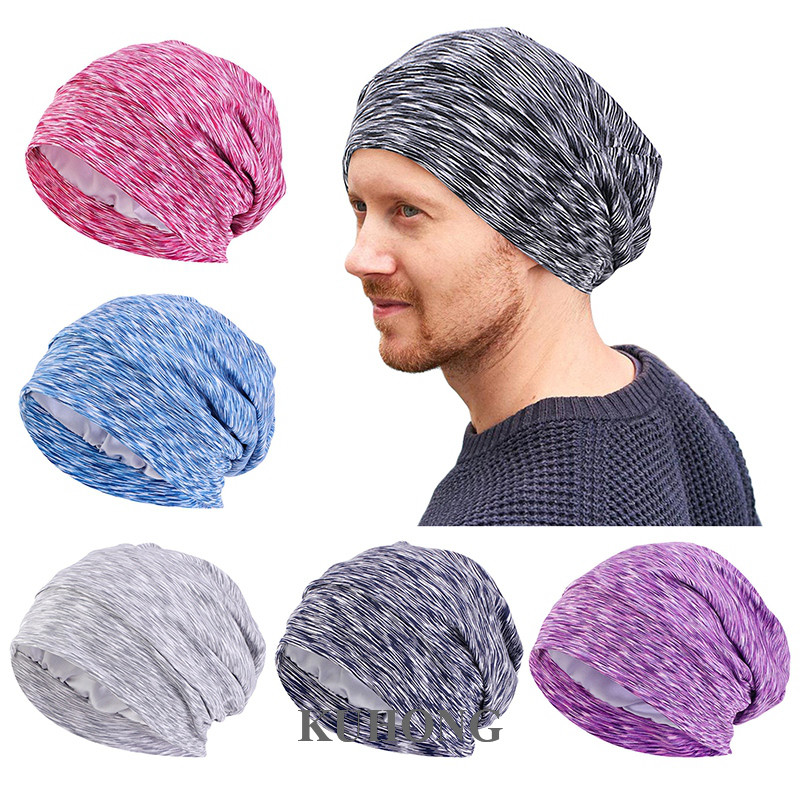 Kuhong ผู้หญิงผู้ชายหมวกนอน Baggy Beanie ซาตินเรียงราย Night Unisex Sleep หมวกดูแลเส้นผม Bonnet ...