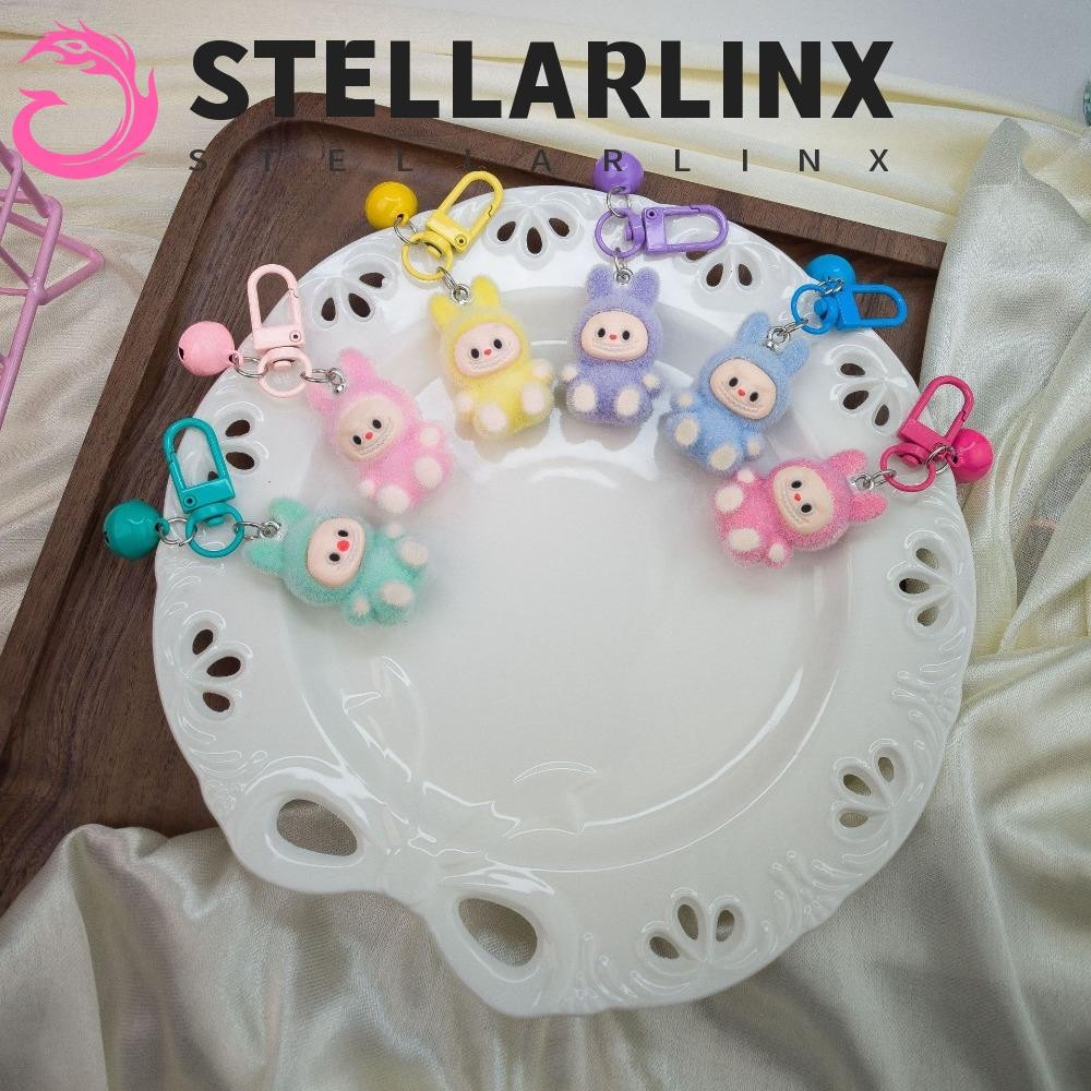 Stellarlinx Flocking Labubu พวงกุญแจ, ซิลิกาเจล Bell นั่งลง Labubu จี้, น่ารักโบว์ลูกปัด Kawaii ...