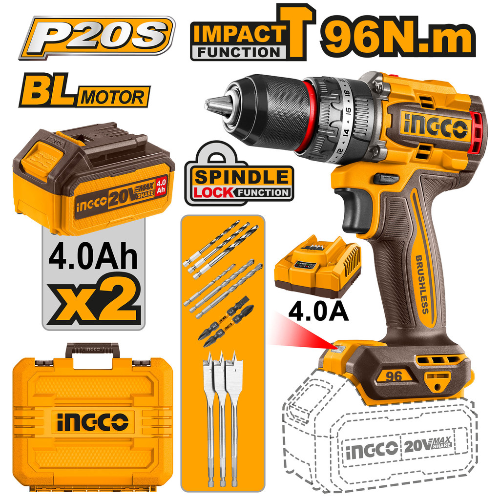 INGCO สว่านกระแทกไร้สาย 20V รุ่นงานหนัก 96nm. รุ่น CIDLI20968 มอเตอร์ไร้แปรงถ่านBL MOTOR ...