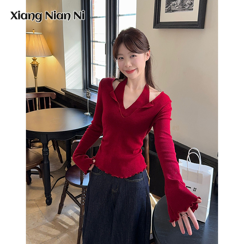 Xiang Nian Ni เสื้อสเวตเตอร์ถักผู้หญิง Halter ดีไซน์สองชิ้นปลอม Slim Fit เสื้อกันหนาวแขนยาว ...
